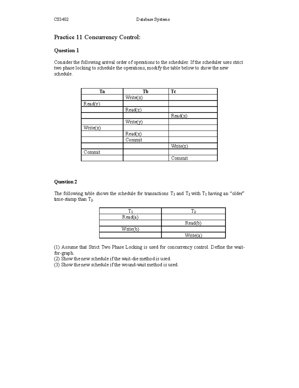 Concurrency control practice 11 for CS3402 database systems - Studocu