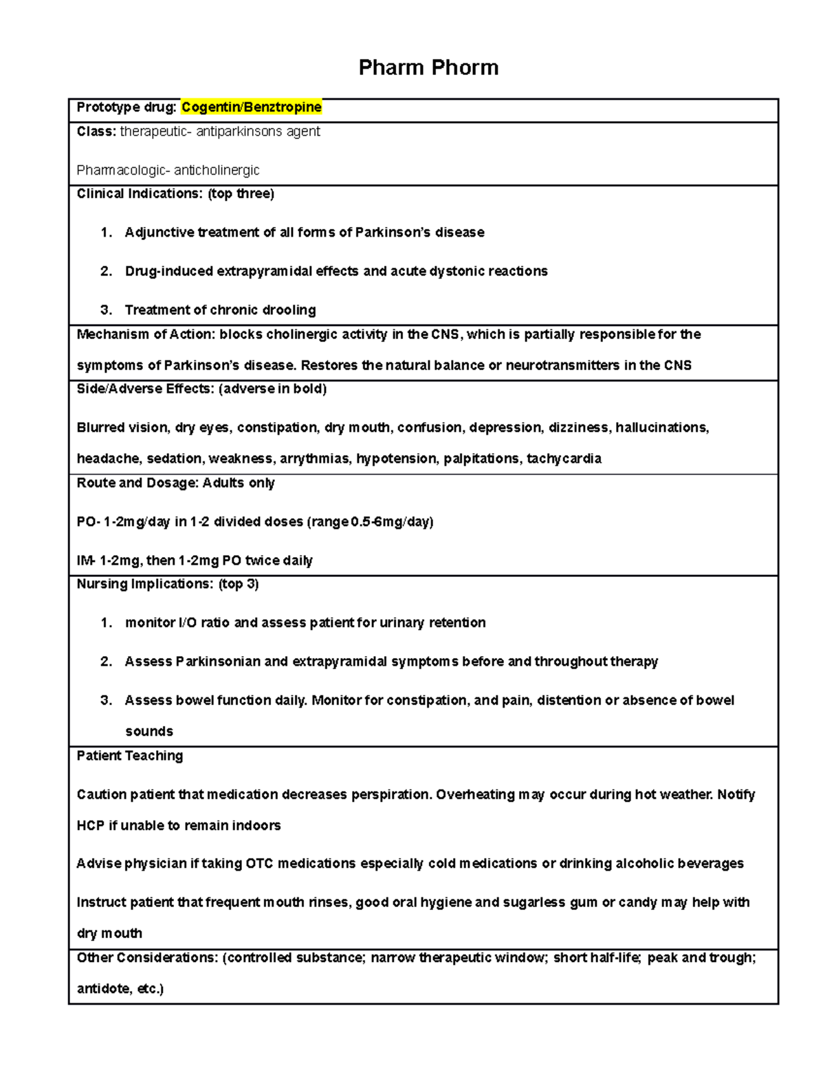 Cogentin Med card - Pharm Phorm Prototype drug: Cogentin/Benztropine ...