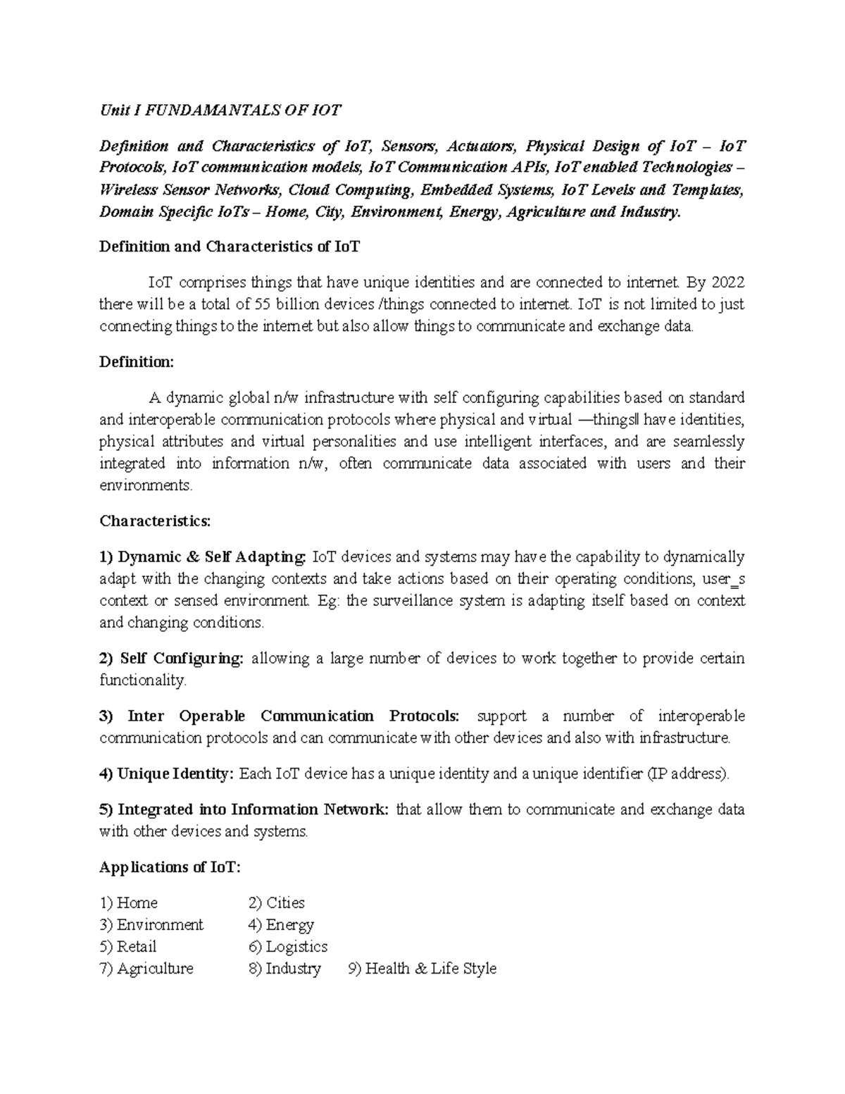 IOT 101: Unit I Fundamentals of IoT - Definitions, Characteristics, and ...