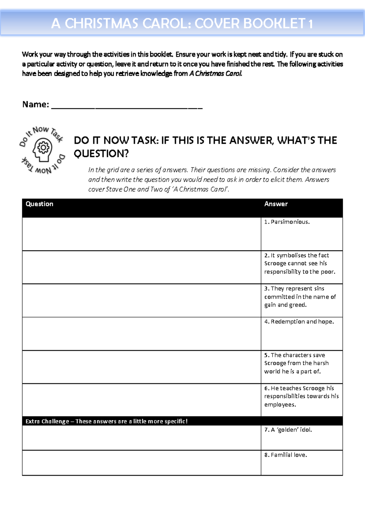 A CHRISTMAS CAROL: STAVES 1 & 2 ACTIVITY BOOKLET & RETRIEVAL QUESTIONS ...