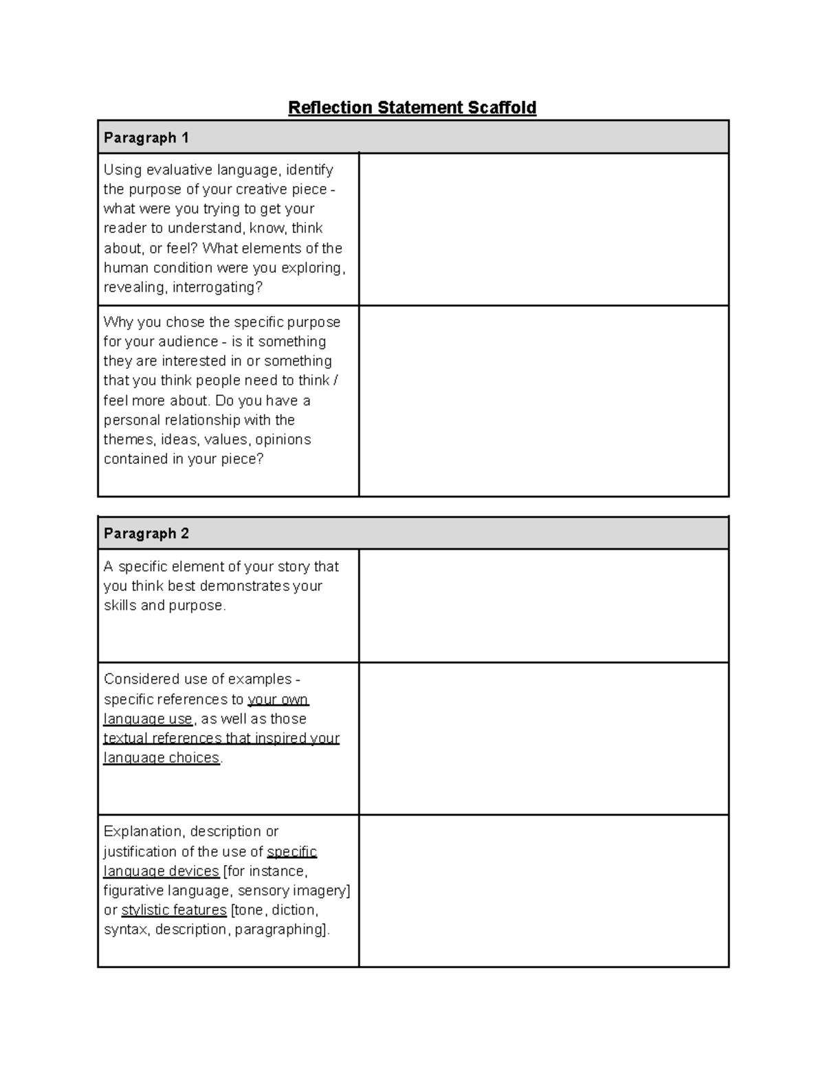 2025 Reflection Statement Scaffold: Analyzing Creative Purpose and ...