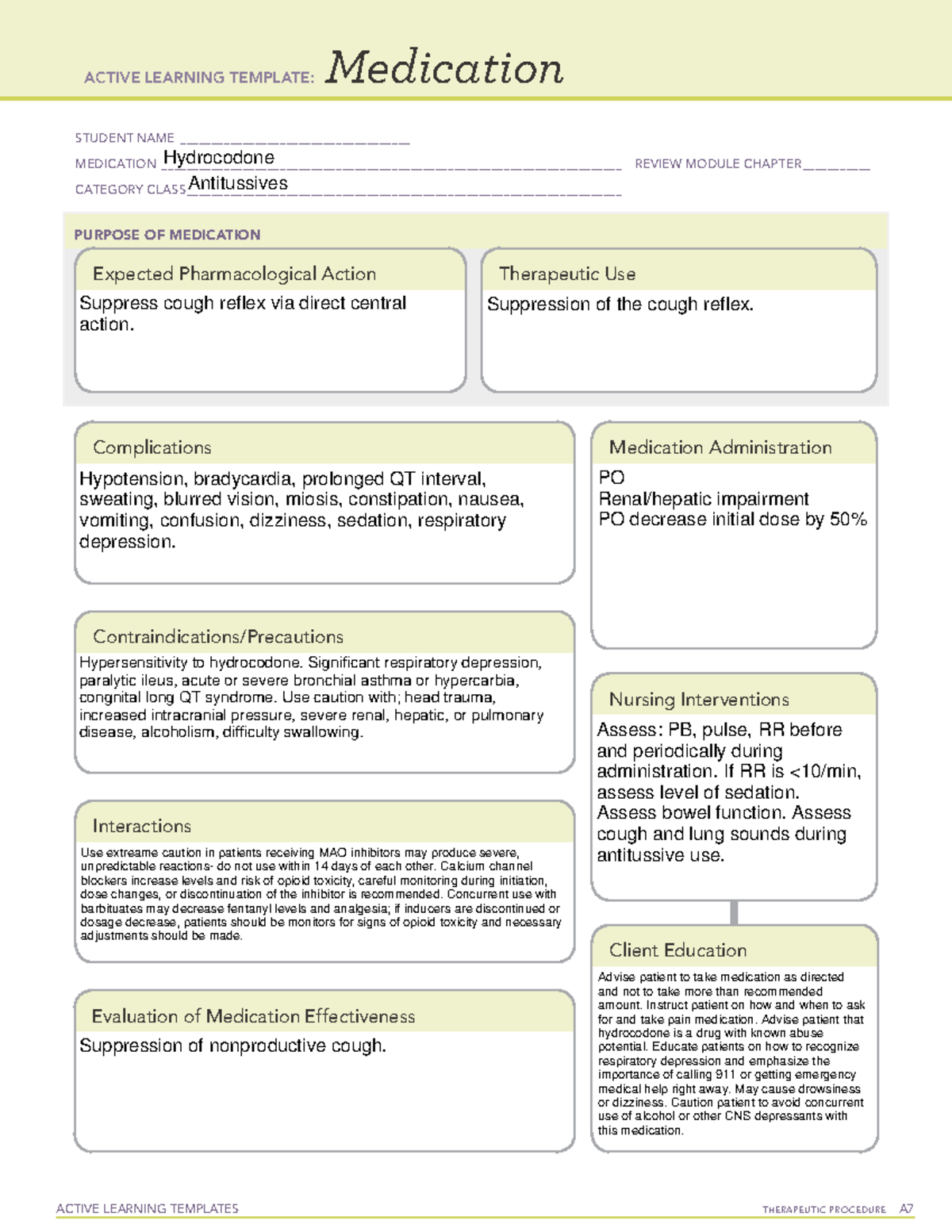 Hydrocodone Medication Card: Key Info & Admin Guidelines - Studocu