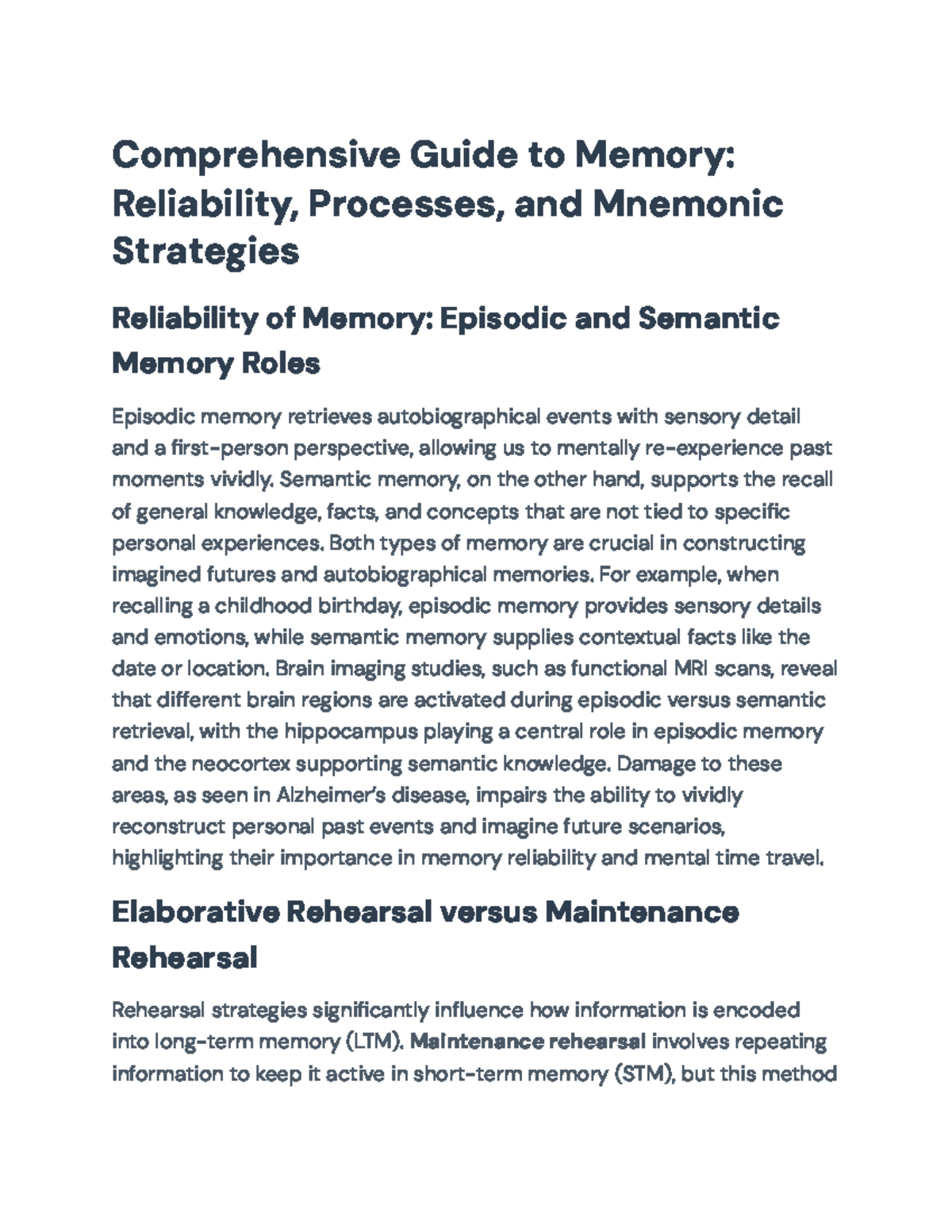 Comprehensive Guide to Memory (PSY101): Reliability, Processes & Mnemonic - Studocu