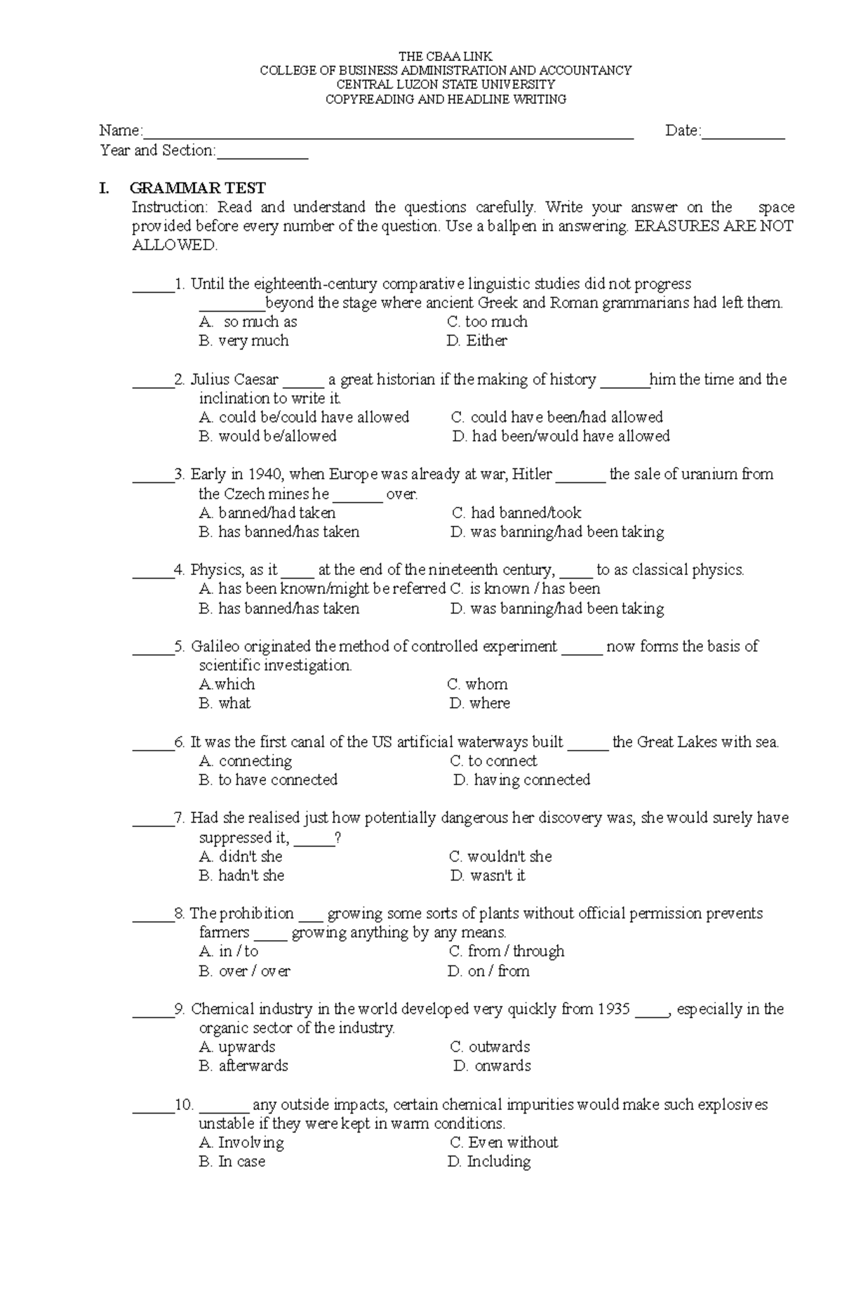 Copyreading and Headline Writing Test Paper 2023 - Studocu