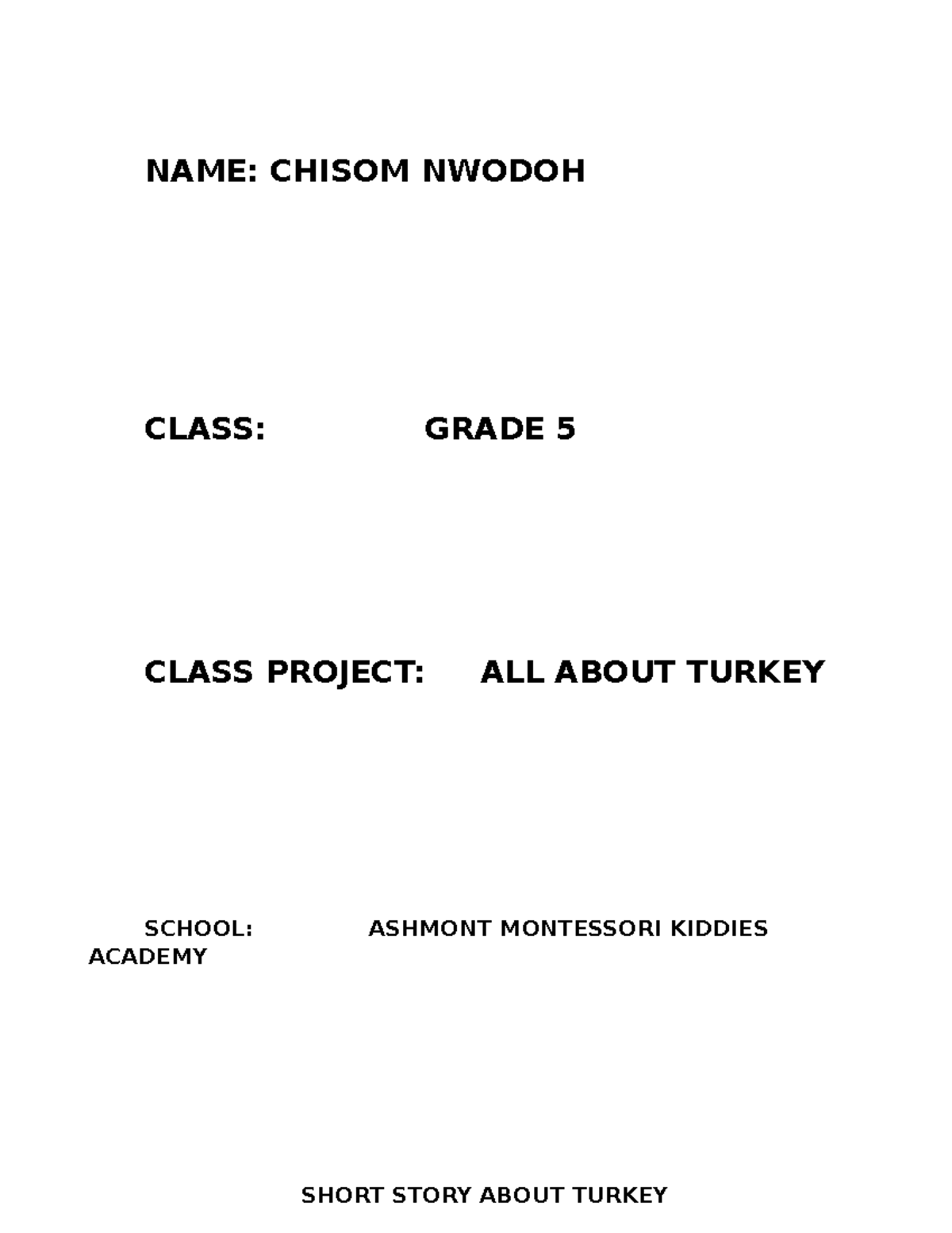 Grade 5 Class Project: Short Story About Turkey - Studocu