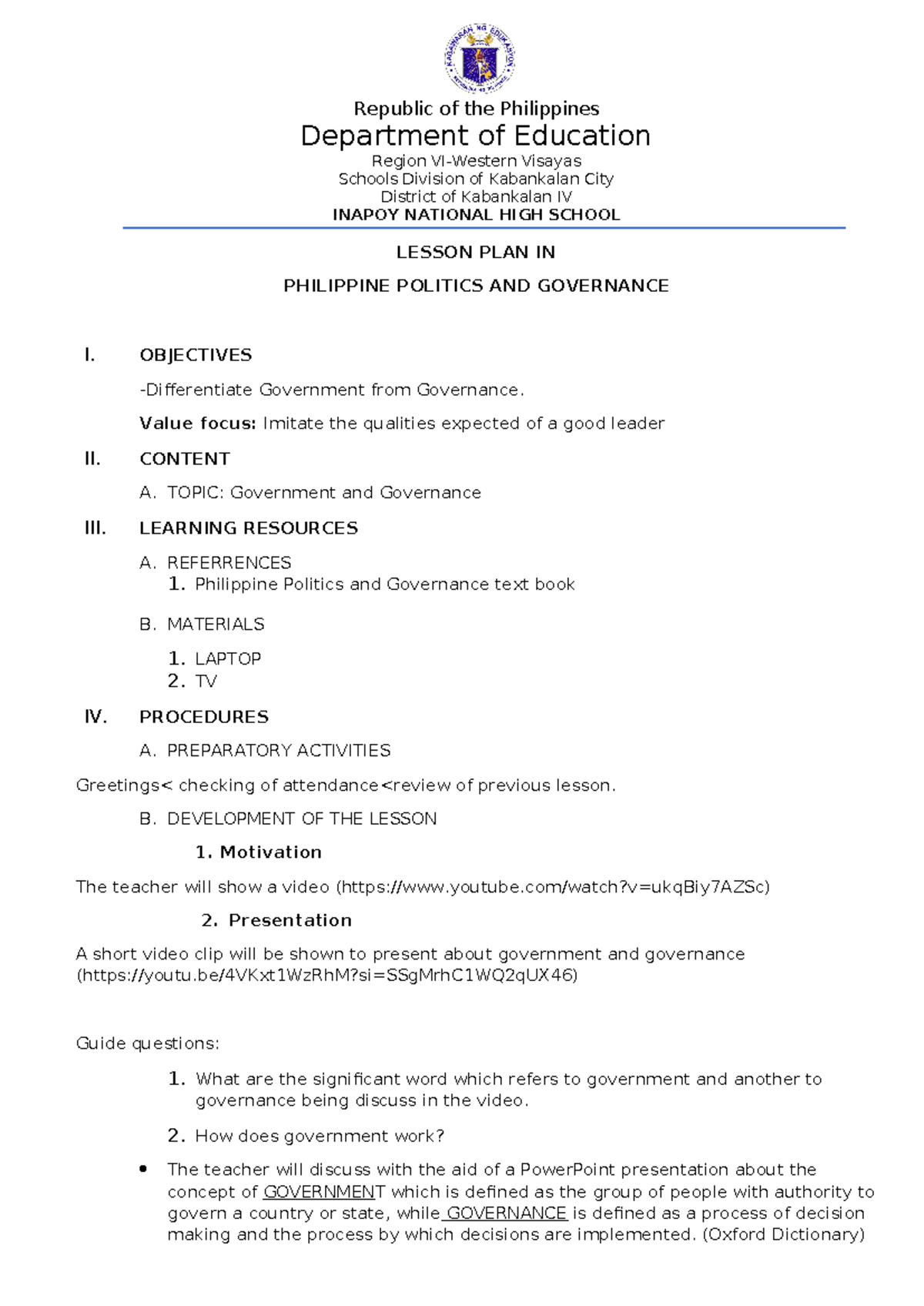 Lesson Plan in PHIL. POL. GOV. & GOV: Understanding Governance Concepts ...