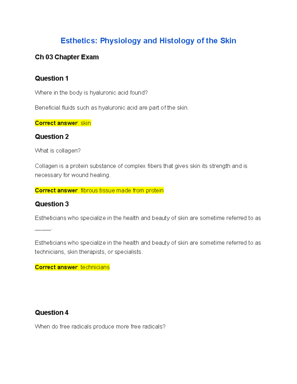 Esthetics Ch 03 Exam: Physiology & Histology of Skin - Studocu