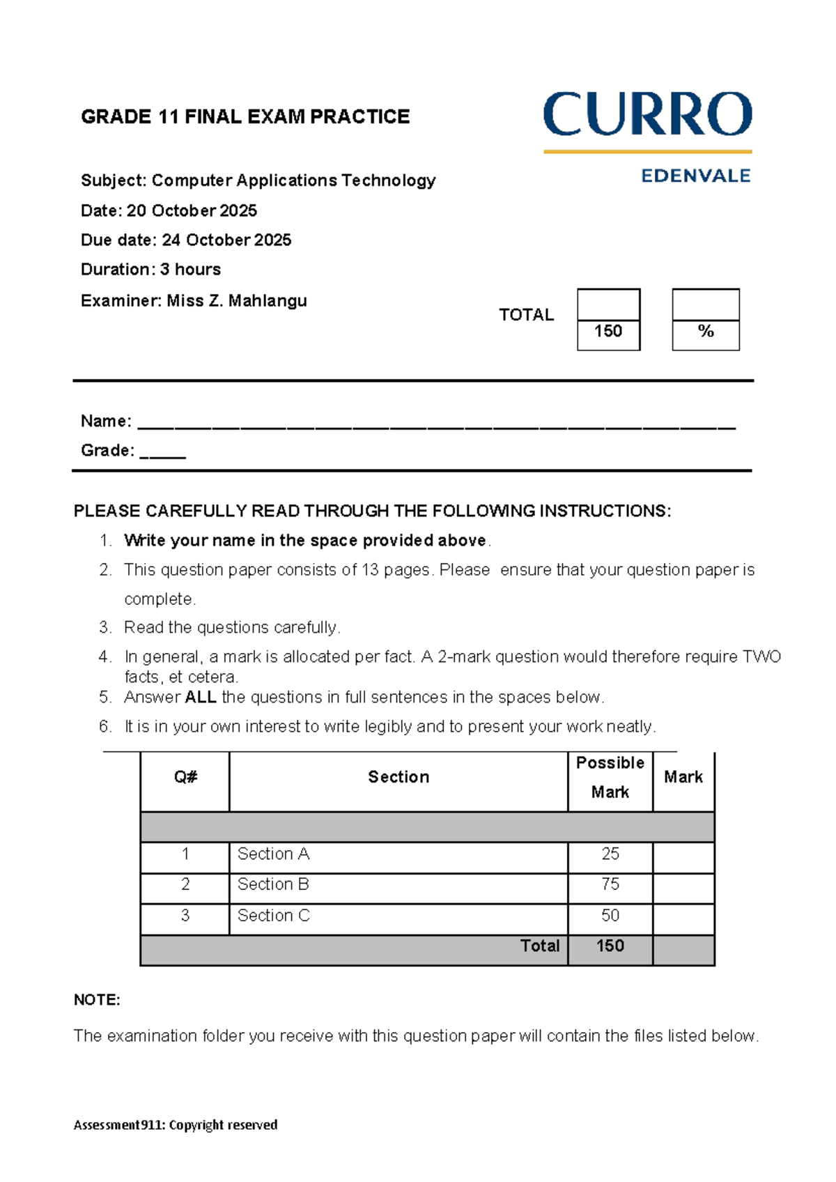 Grade 11 CAT Final Exam Practice Paper - 20 Oct 2025 - Studocu