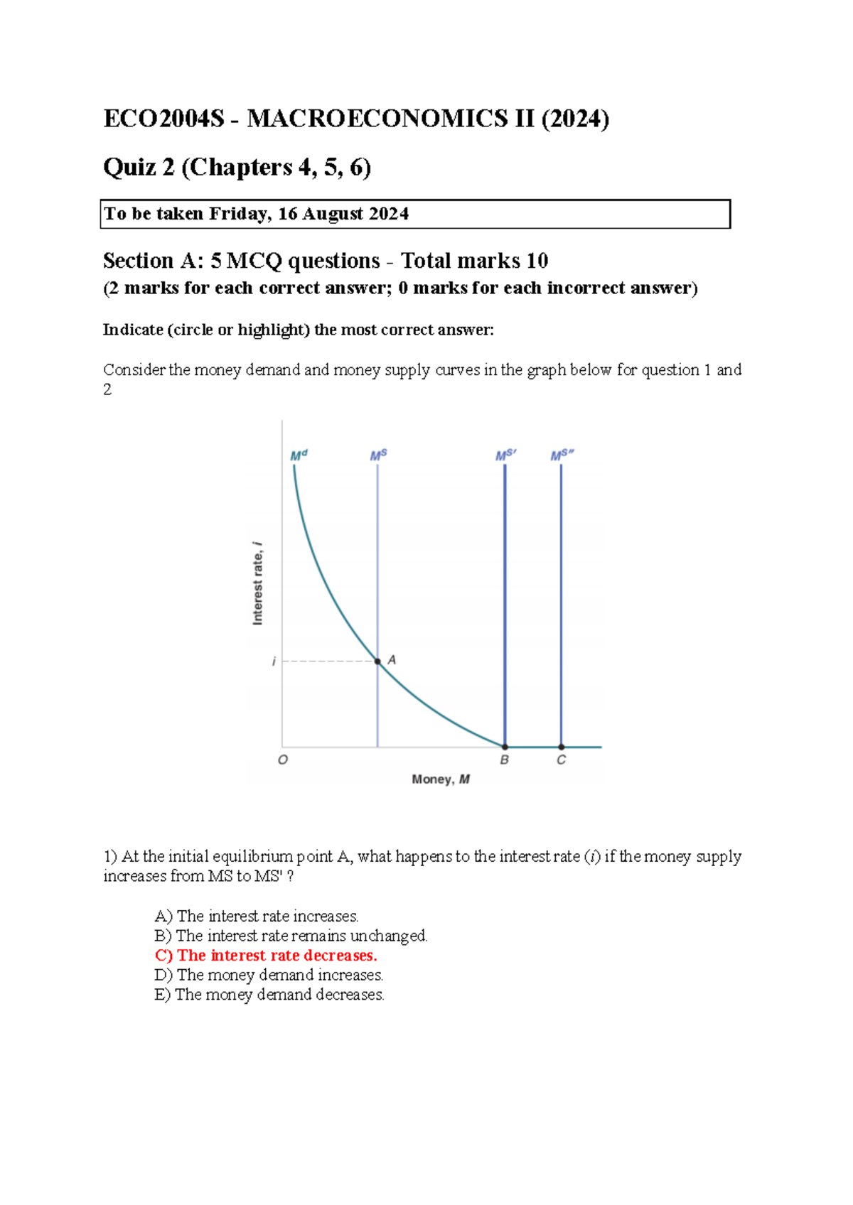 ECO2004 S Quiz 2 Solution Final - ECO2004S - MACROECONOMICS II (2024 ...