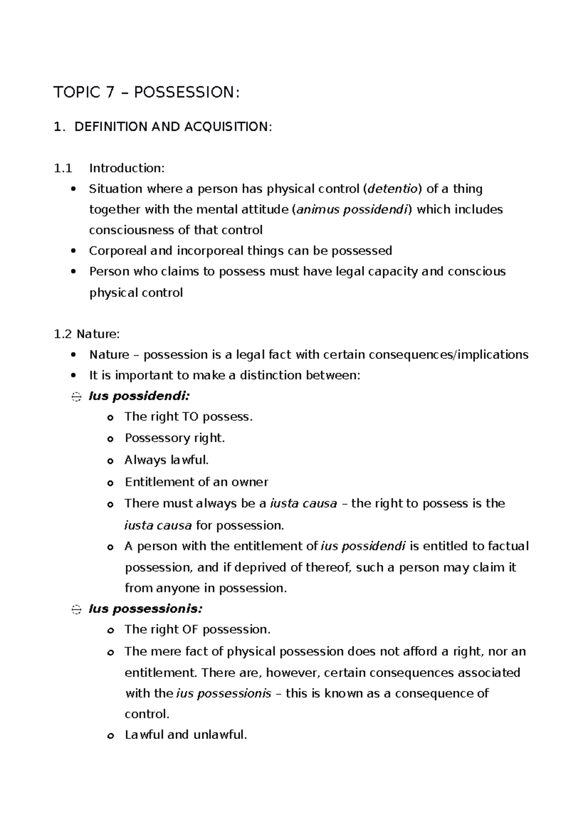 Law of Property - Topics 7 to 9: Understanding Possession and Its ...
