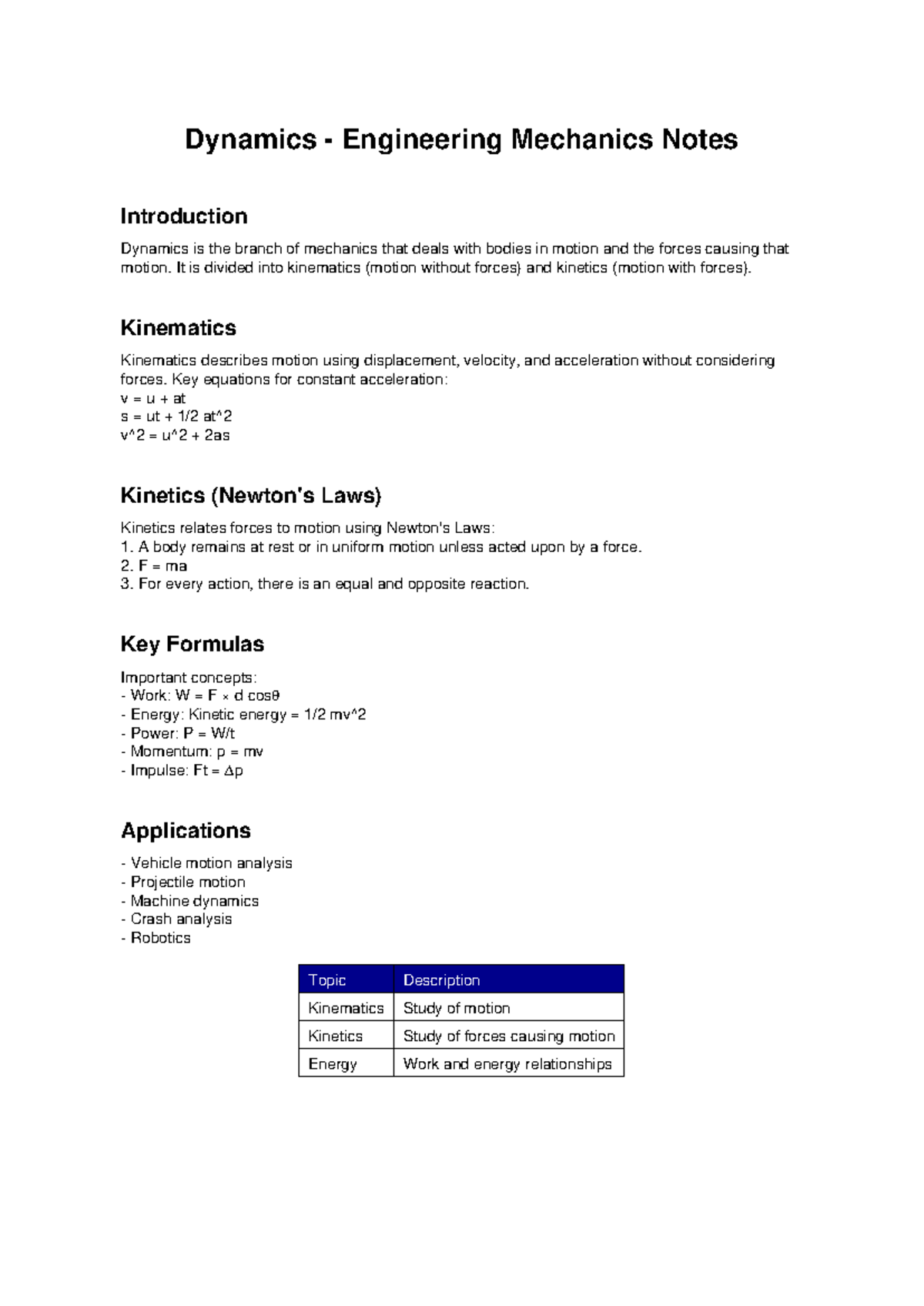 Dynamics Engineering Mechanics Notes: Kinematics & Kinetics Overview ...
