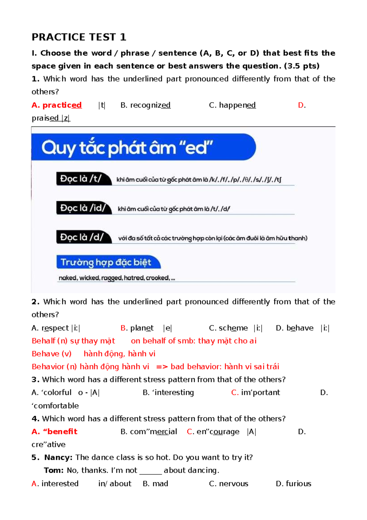 PRACTICE TEST 1: Vocabulary and Grammar Exercises for Students - Studocu