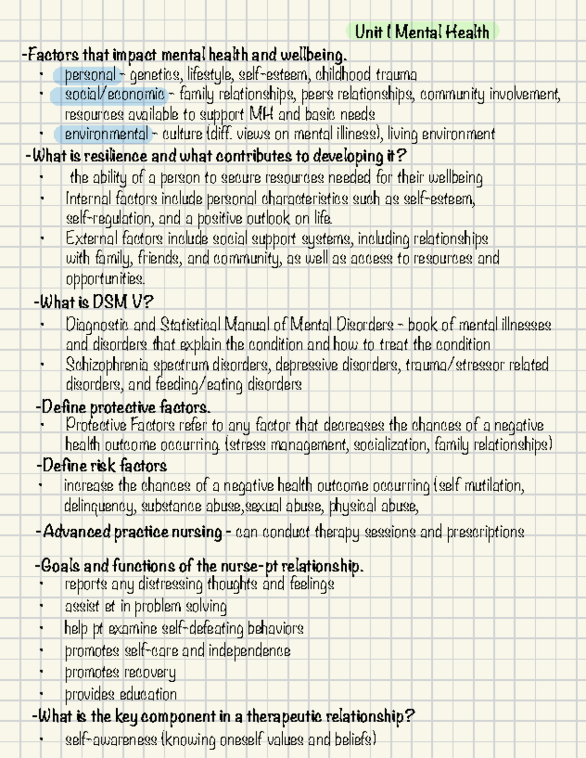 Unit 1 MH notes - Unit 1 Mental Health -Factors that impact mental ...