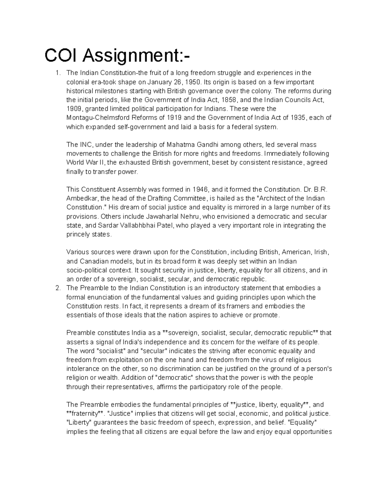 COI Assignment 1: Historical Milestones of India's Constitution and ...