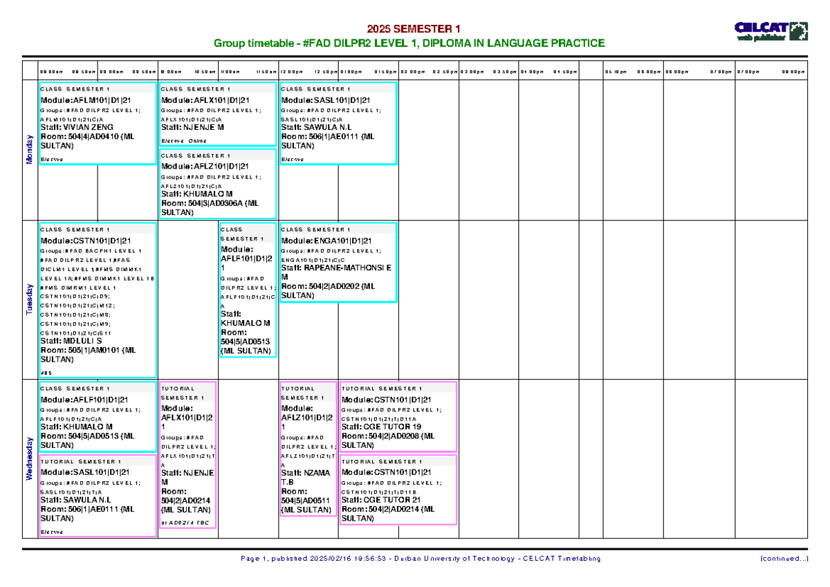 2025 semester 1 group timetable for DILPR2 level 1 diploma in language ...
