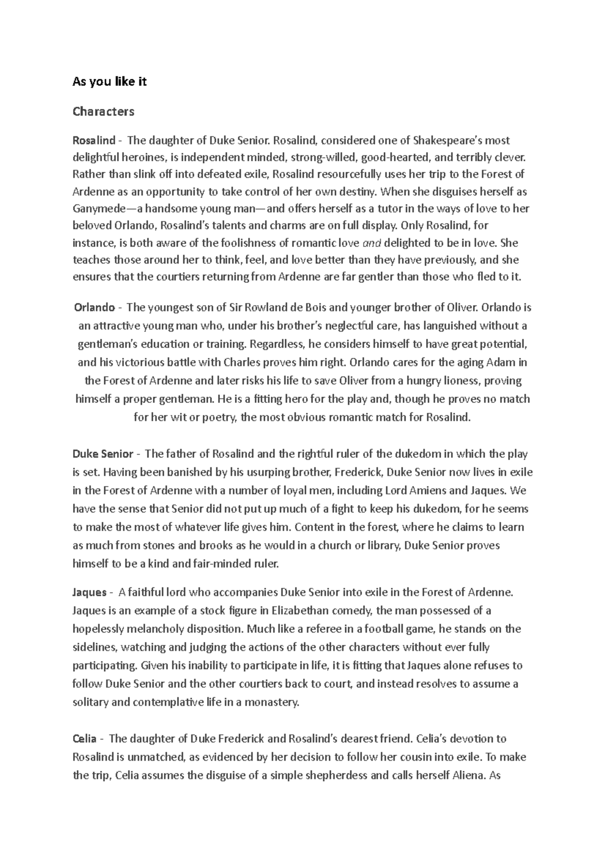 As You Like It Character Analysis and Descriptions - Studeersnel