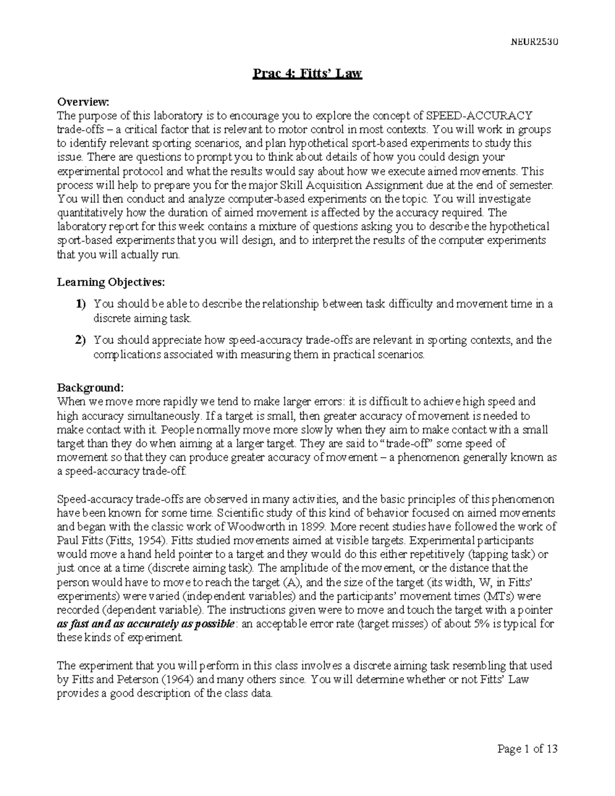 NEUR2530 Prac 4: Exploring Fitts' Law in Motor Control Experiments ...