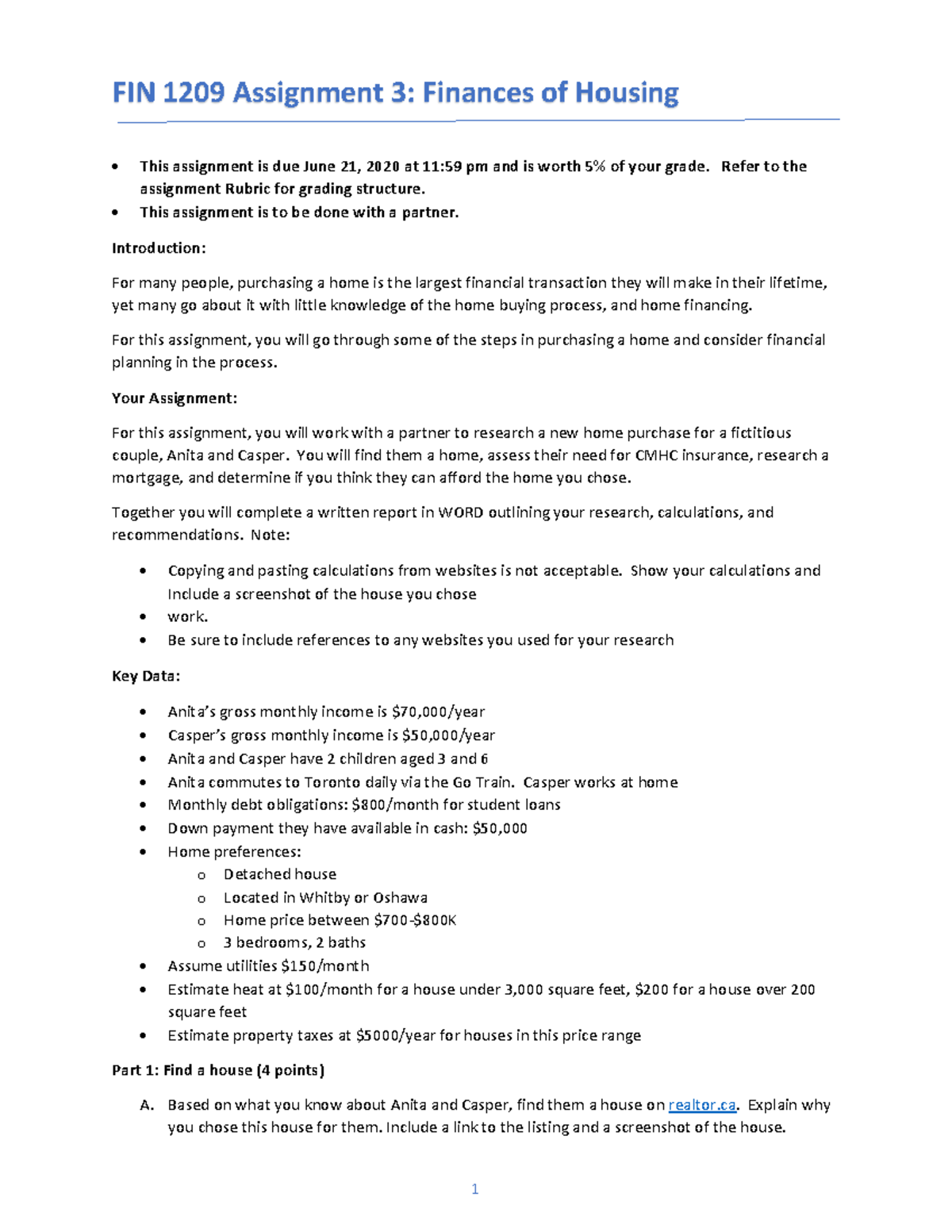 FIN 1209 Assignment 3: Exploring Home Finances for Anita & Casper - Studocu