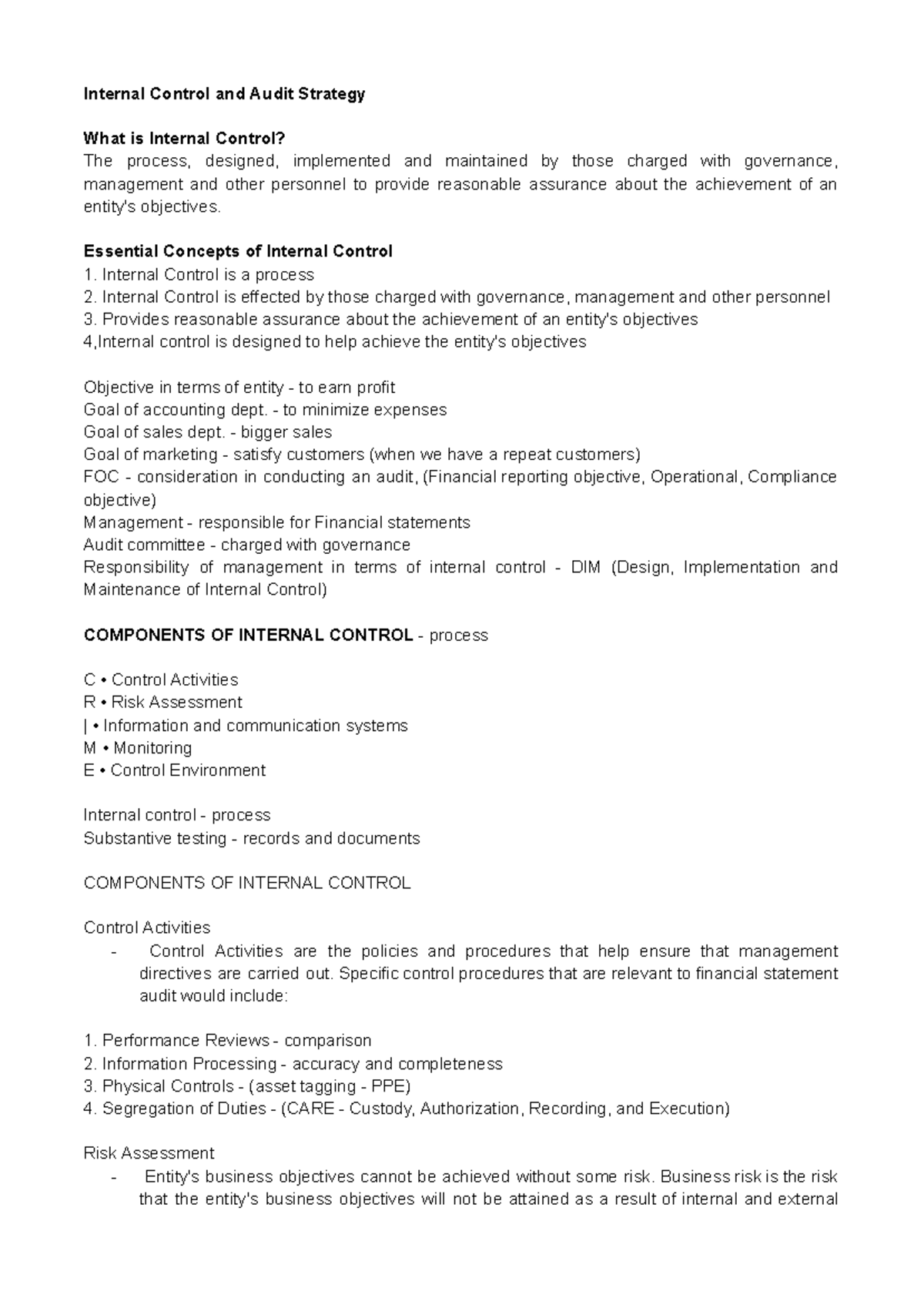 Internal Control and Audit Strategy: Key Concepts and Components - Studocu