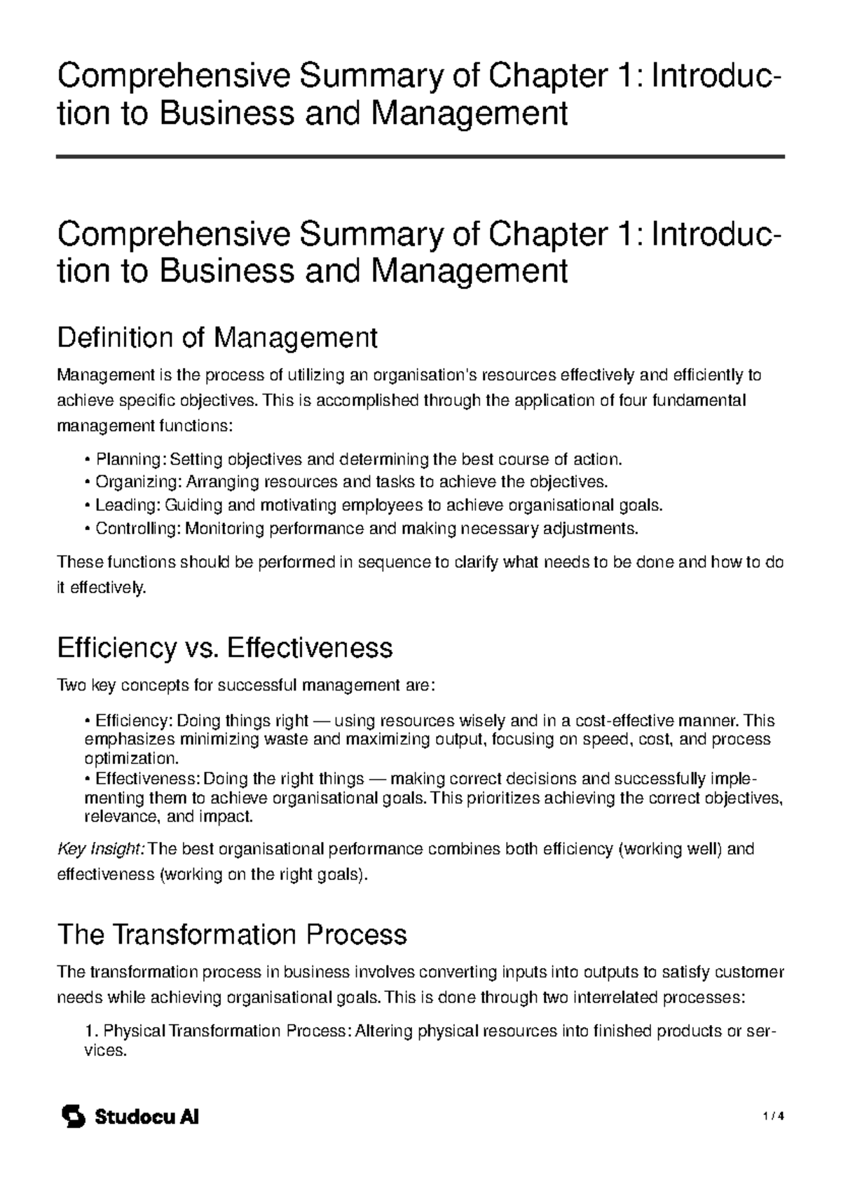 Comprehensive Summary Of Chapter 1 Introduction To Business And