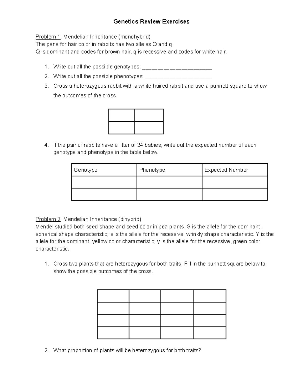 Genetics Review Exercises: Mendelian and Non-Mendelian Inheritance ...