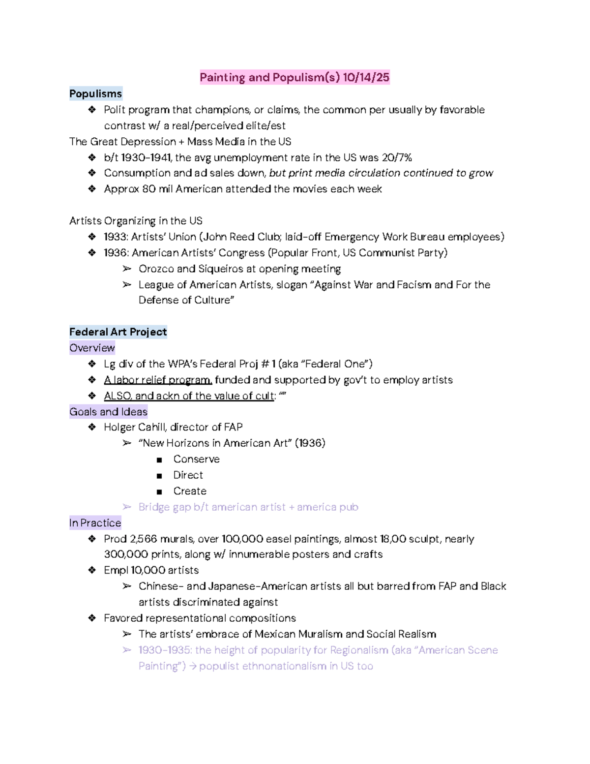 VIS 85A W3 Lecture Notes: Painting, Populism, and Art Movements - Studocu