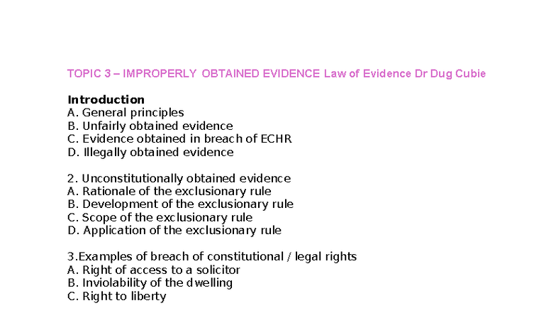 Law of Evidence (LE101) - Week 8 Lecture Notes on Improperly Obtained ...