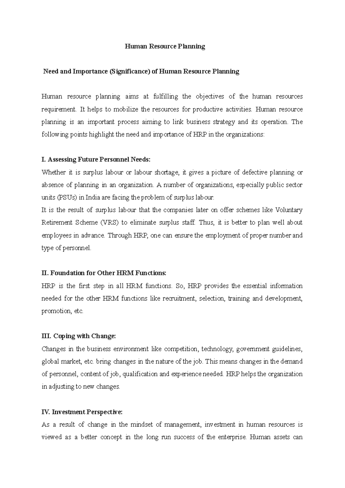 HRP 101: Need & Importance of Human Resource Planning - Studocu