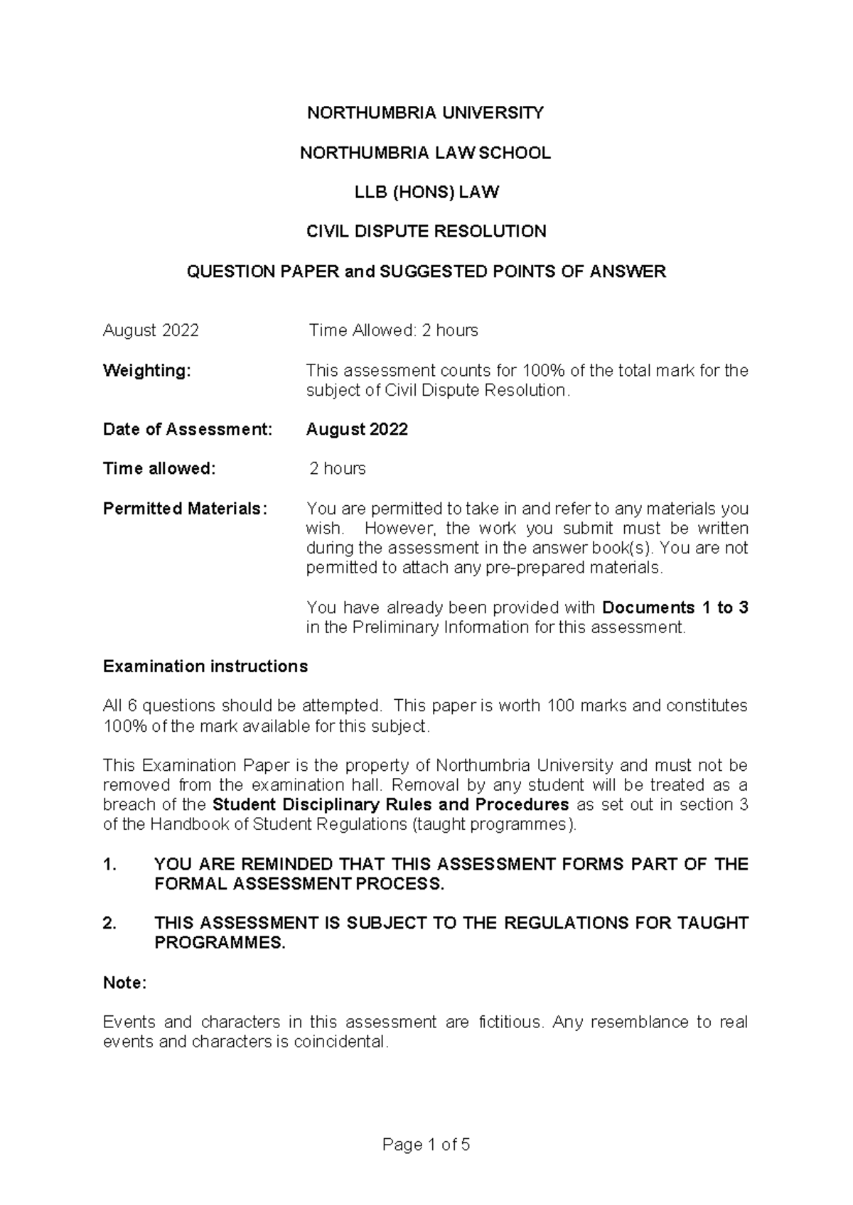 CDR LLB (HONS) Past Exam Paper - August 2022 with Answer Guidelines - Studocu