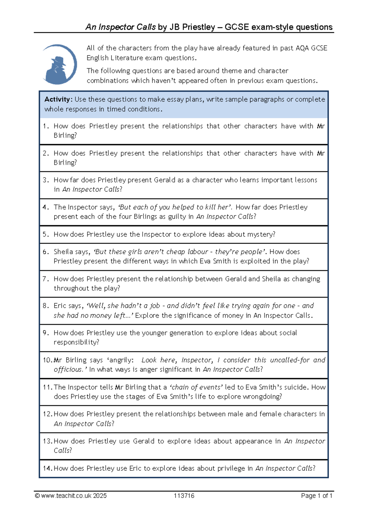 AQA GCSE English Literature: An Inspector Calls Exam Questions - Studocu