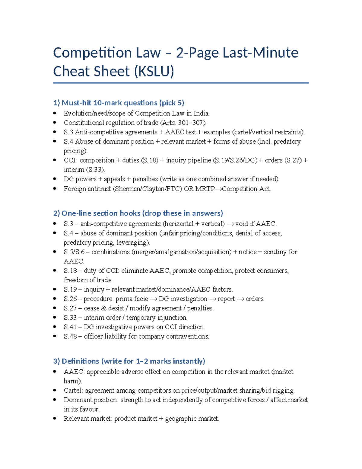 Competition Law 2-Page Cheat Sheet (KSLU) - Key Concepts & Sections ...