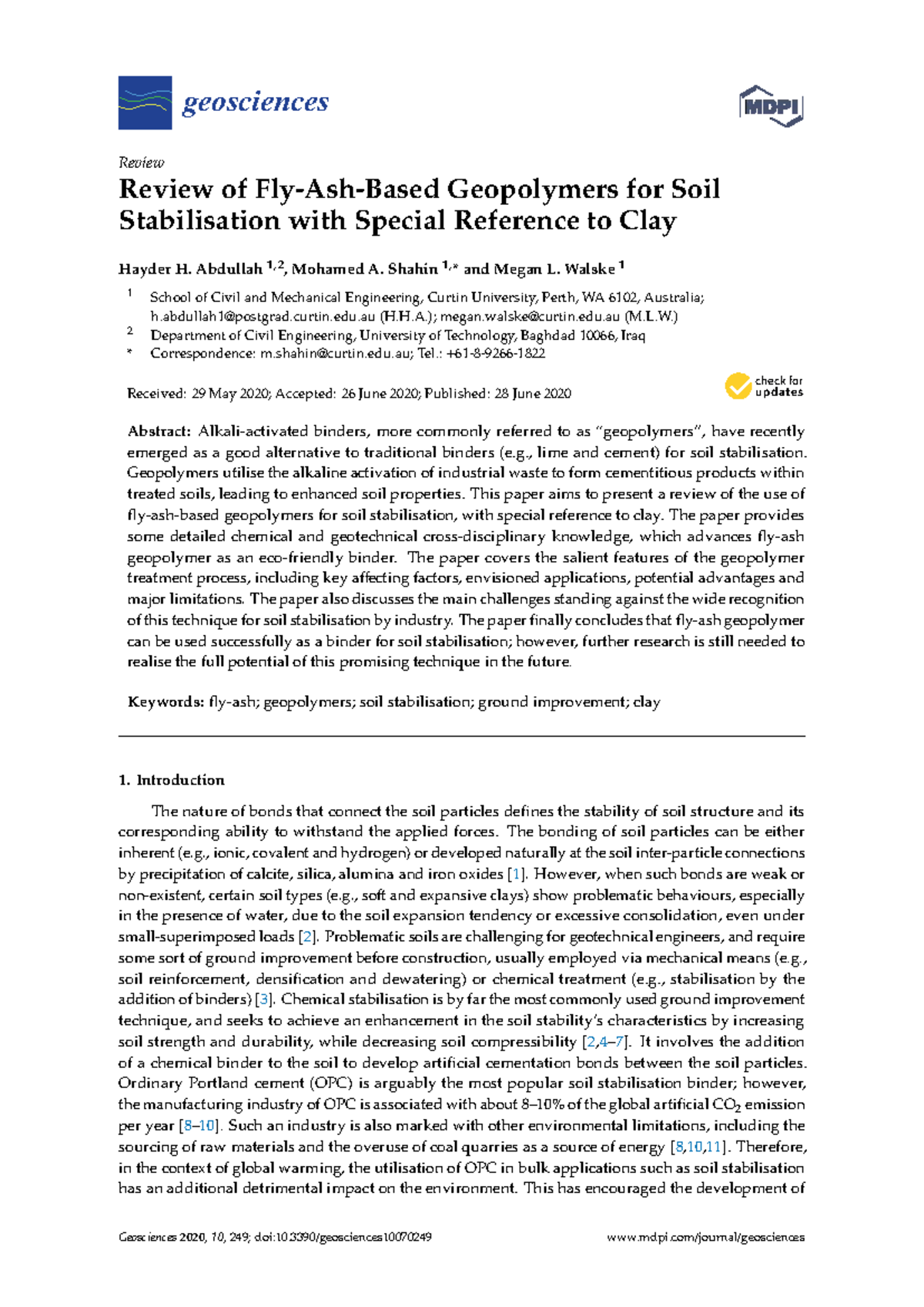 Geosciences 10: Review of Geopolymers for Soil Stabilisation in Clay ...