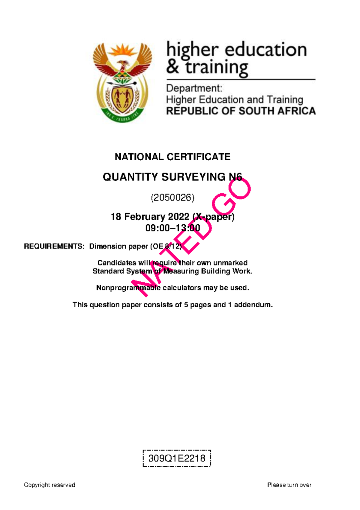 NATED GO - Quantity Surveying N Final Exam Paper (2050026) - 18 Feb ...