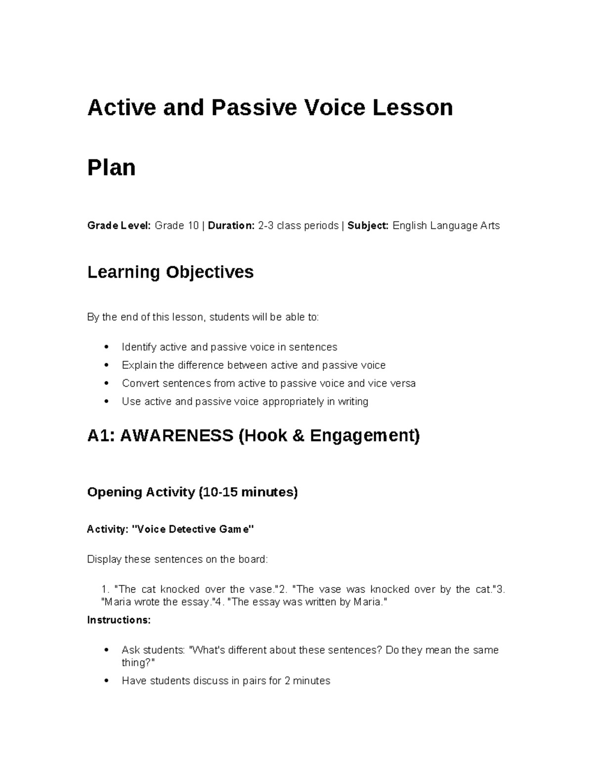 Active and Passive Voice - Grade 10 Lesson Plan (4As Format) - Studocu