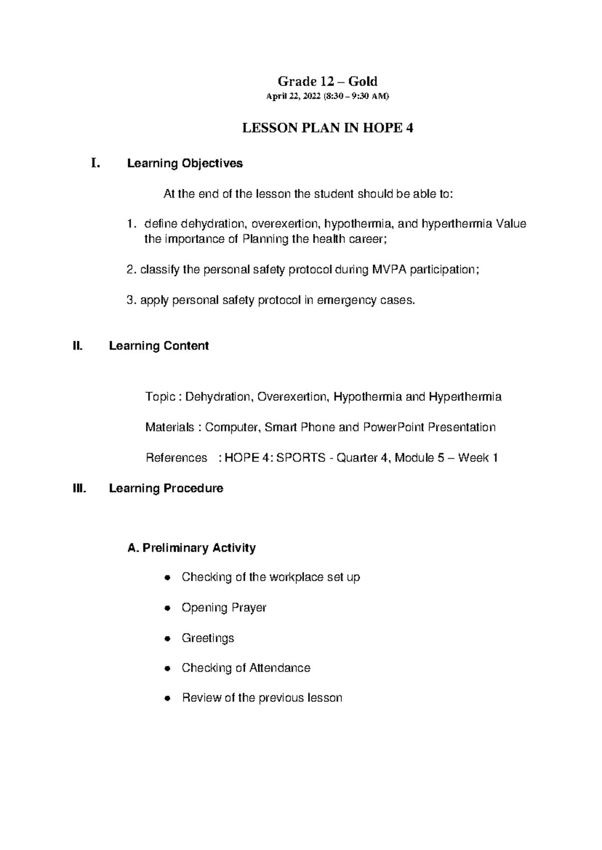 Final Demo Teaching Lesson Plan for HOPE 4: Dehydration & Safety - Studocu