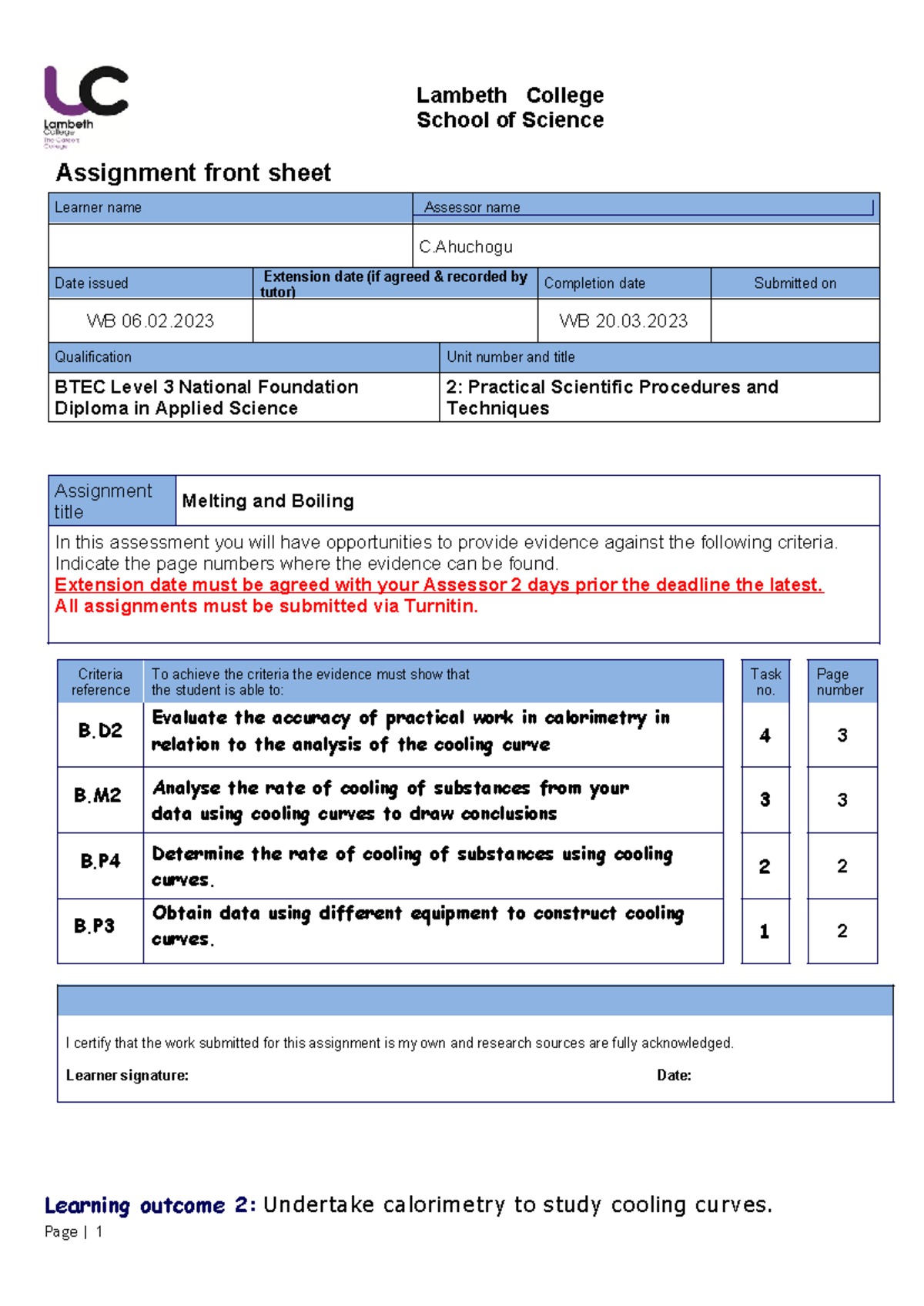 Unit 2- Assignment 2- Calorimetry- BTEC Assignment briefs 2022-23 ...