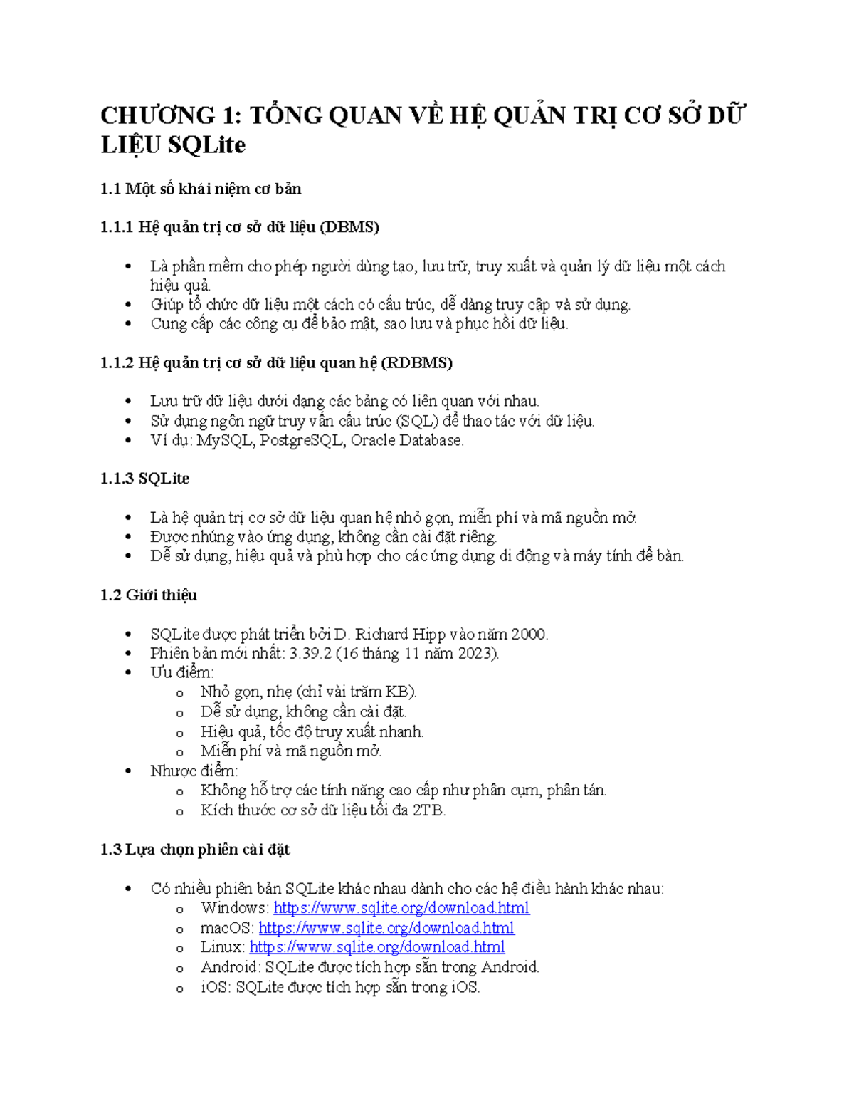 Dàn ý sqliete - sfsfgdgfhf - CHƯƠNG 1: TỔNG QUAN VỀ HỆ QUẢN TRỊ CƠ SỞ ...