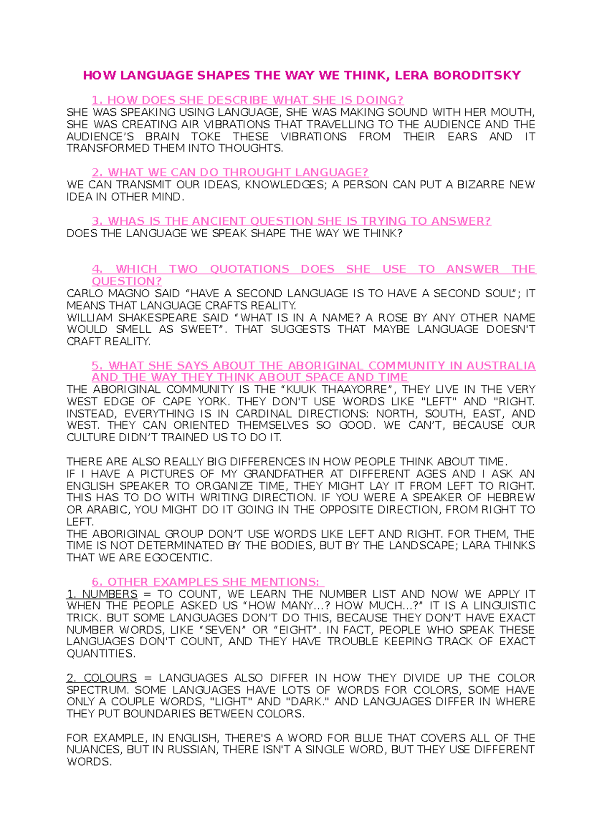 Language Influencing Thought: Insights from Lera Boroditsky - Studocu