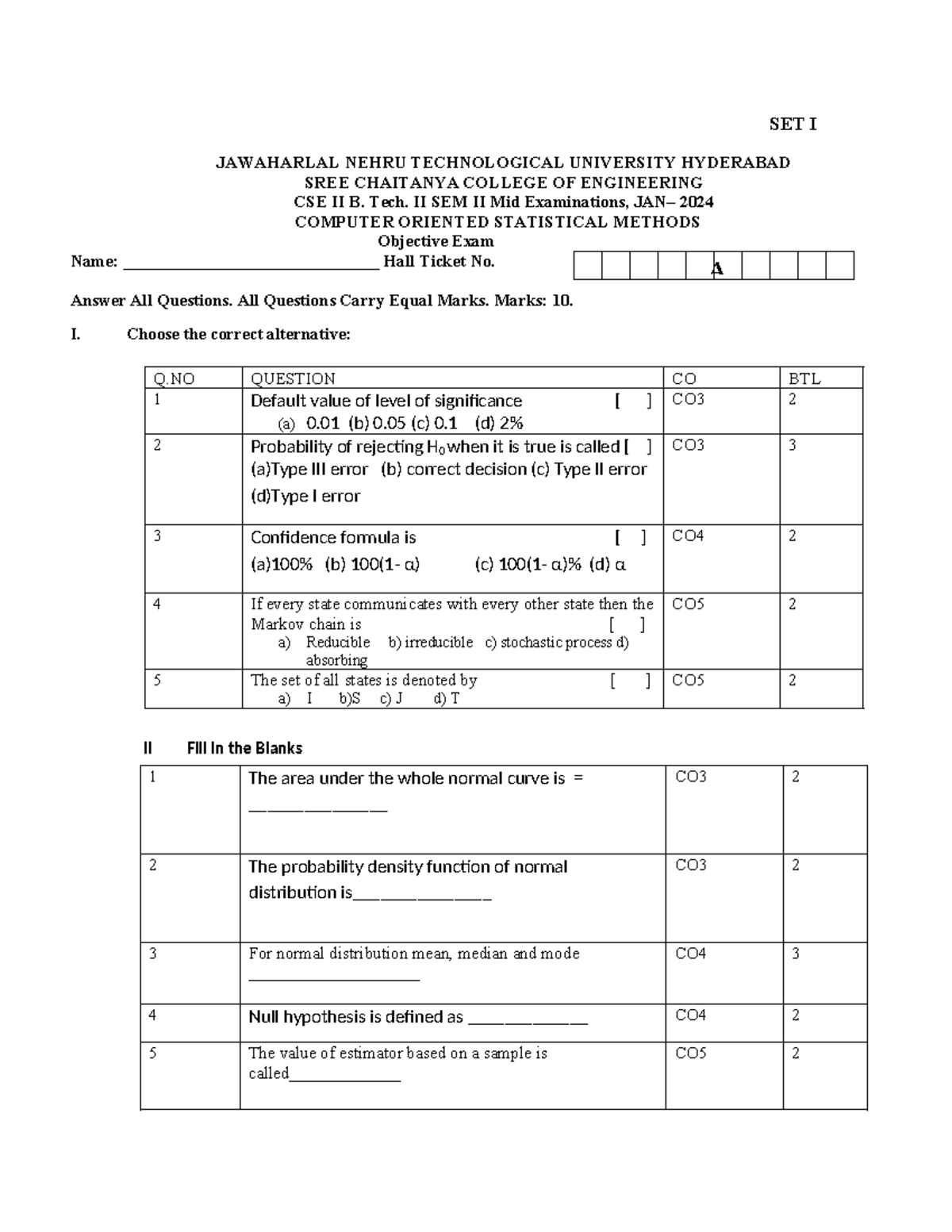 CSE II B. Tech. II SEM II Mid Exam 2024: Computer Oriented Statistical Methods - Studocu