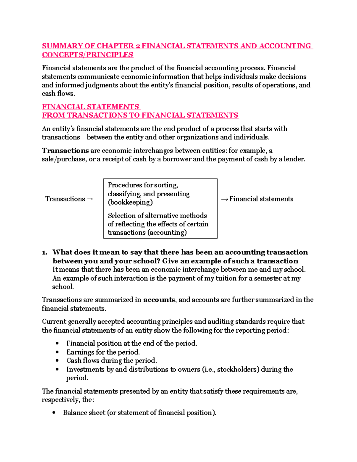 Chapter 2 Summary: Financial Statements & Accounting Concepts - Studeersnel