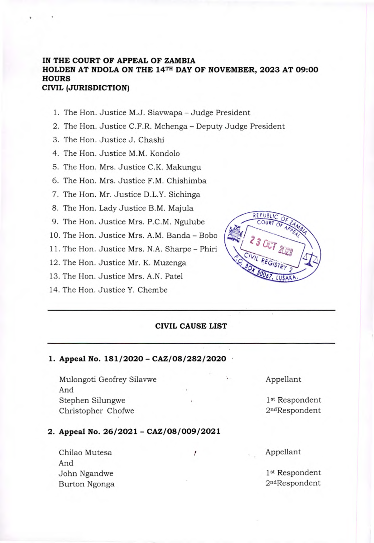Causelist for Civil Appeals in the Court of Appeal - Nov 14, 2023 - Studocu