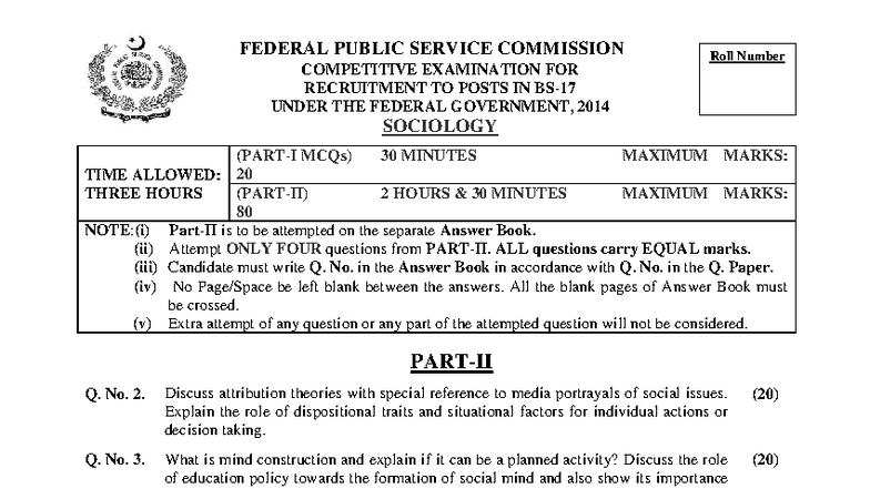 Sociology 2014 - Federal Public Service Exam MCQs & Questions - Studocu