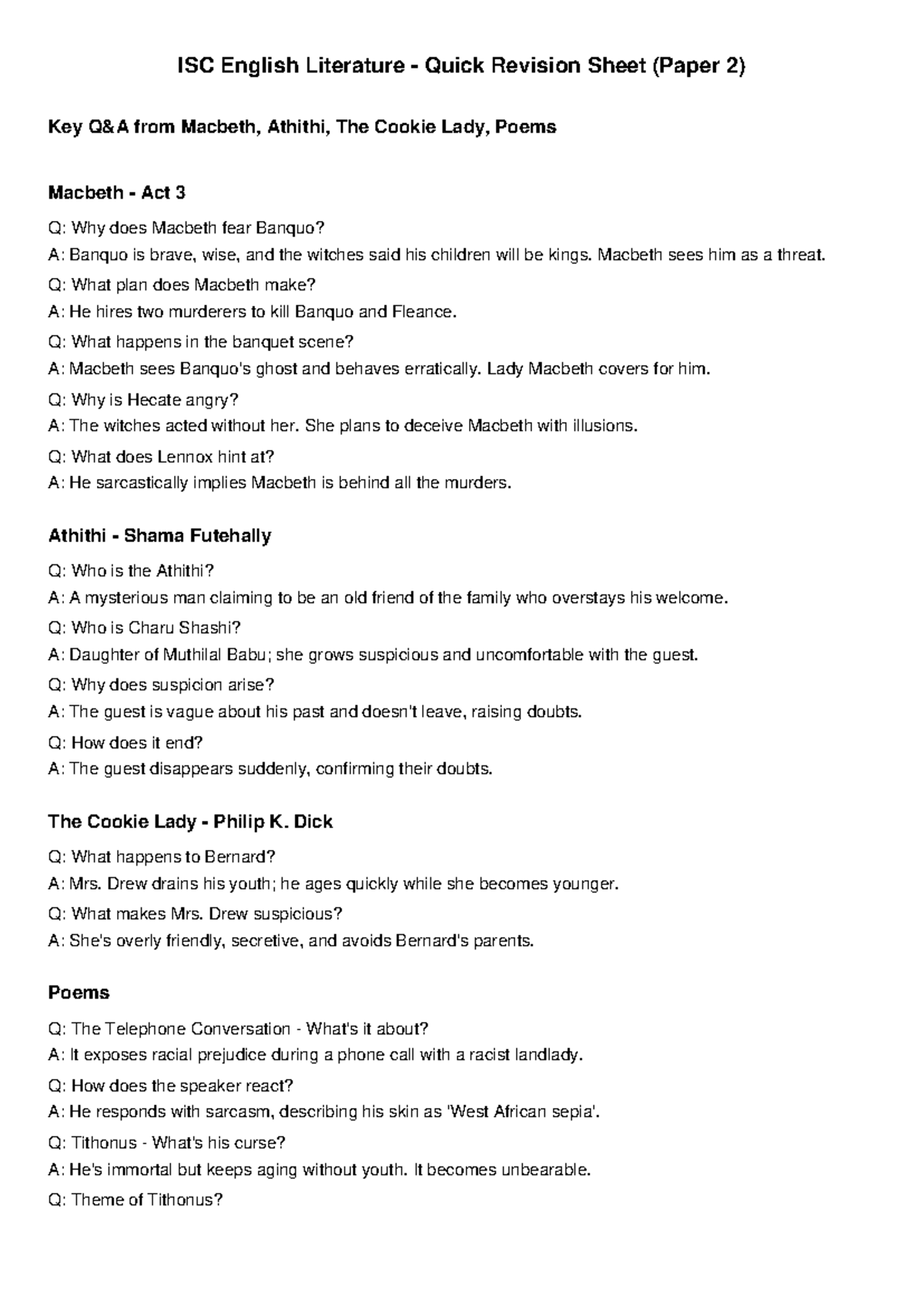 ISC English Literature Quick Revision Notes (Paper 2) - Studocu