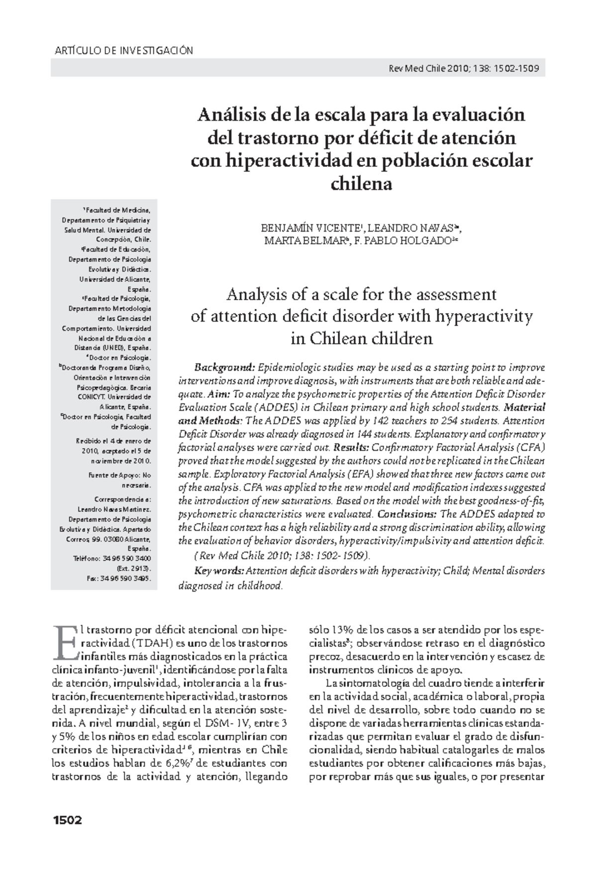Estudio - bbbbb - 1502 Rev Med Chile 2010; 138: 1502- Análisis de la escala para la evaluación ...