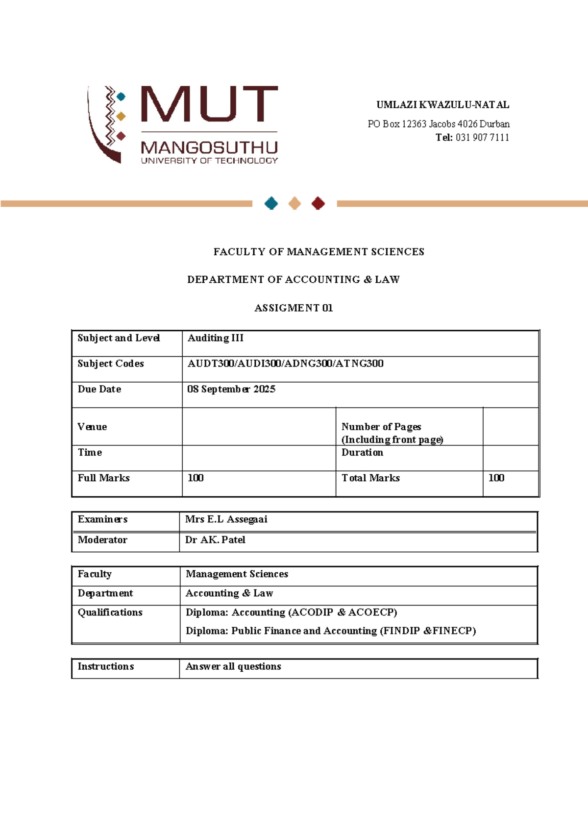 Auditing Assignment 01: Audit Planning & Risk Assessment for BIGTECH - Studocu