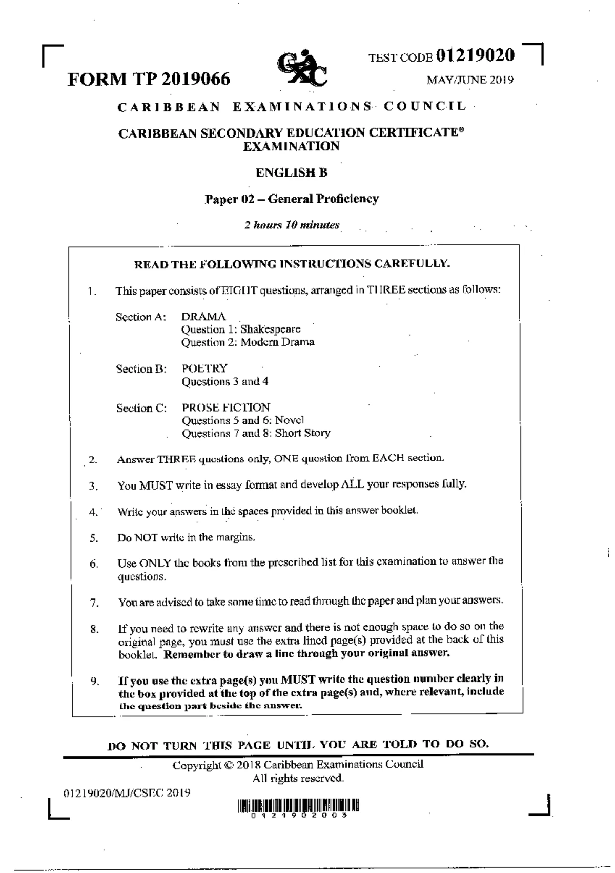 CSEC English B Paper 02 Exam 2009: Drama, Poetry, Prose Analysis - Studocu