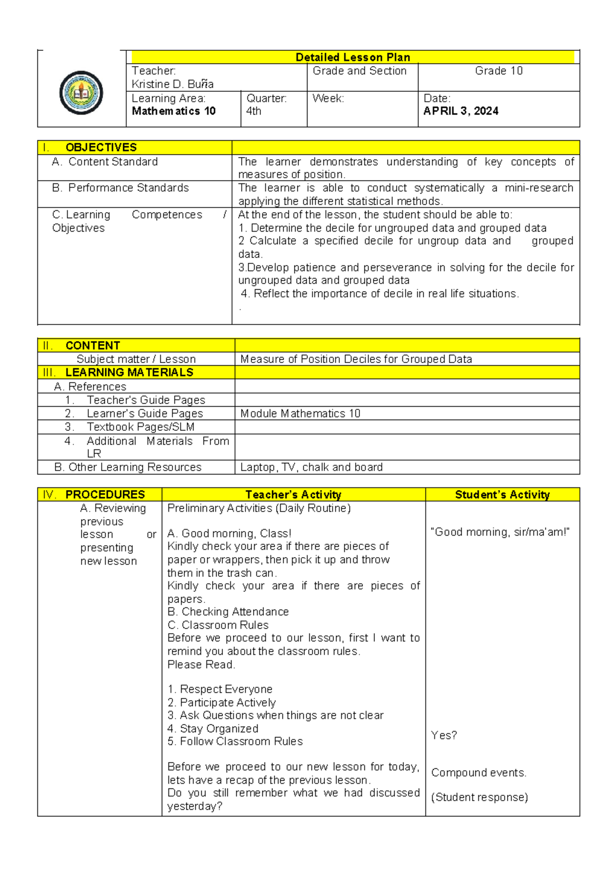 Mathematics 10 Lesson Plan: Understanding Deciles for Grouped Data ...