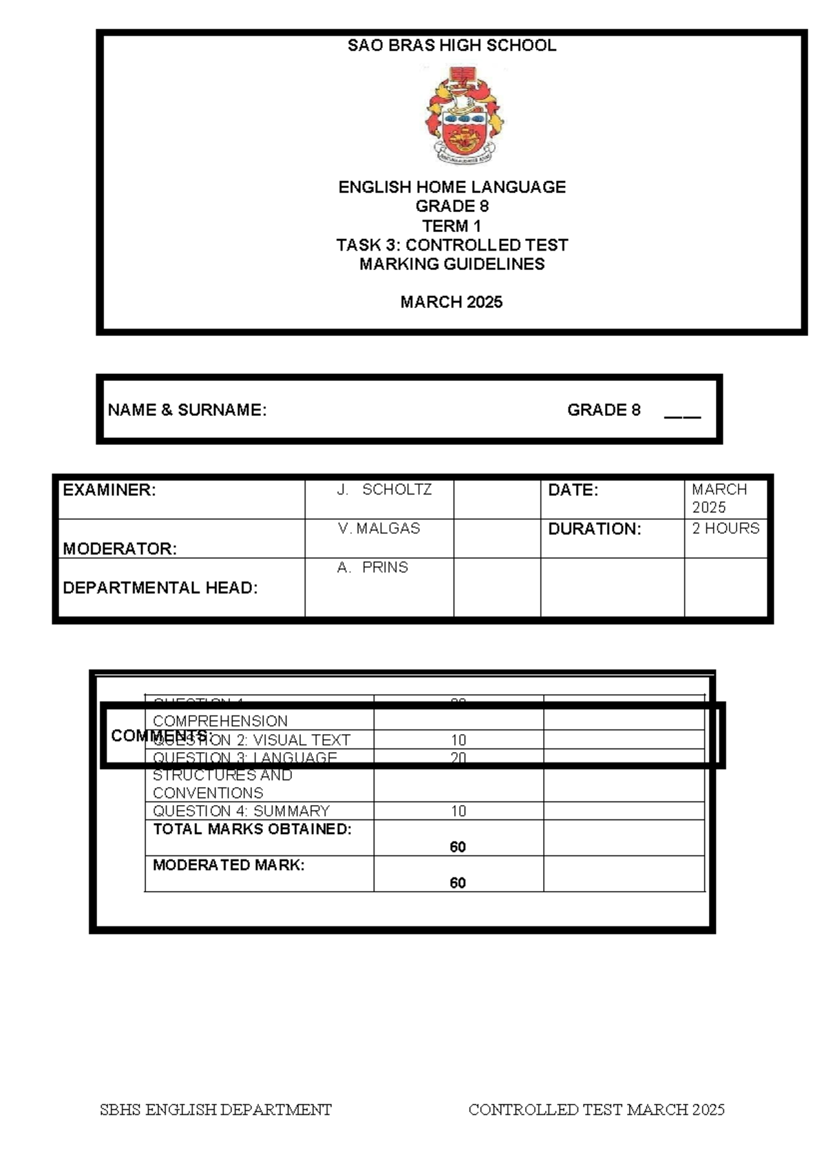 8ENG HL T1 TASK 3 2025: Controlled Test Marking Guidelines - Studocu
