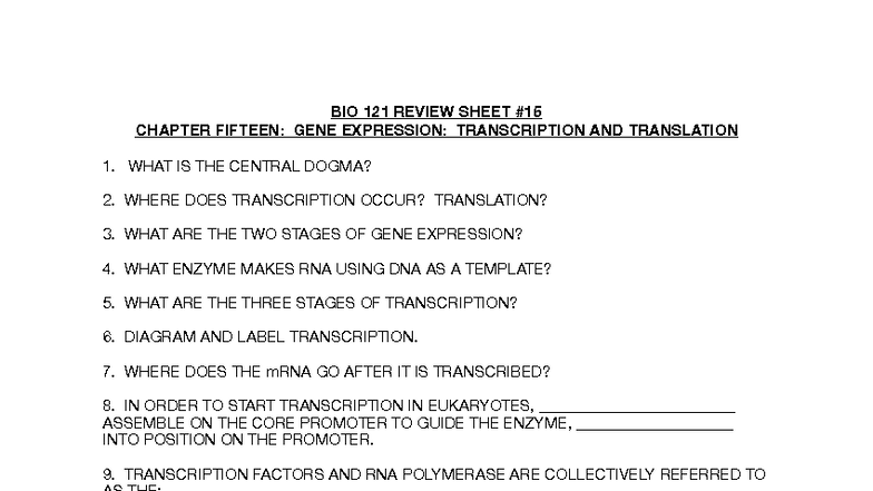 BIO 121 Chapter 15 Review: Gene Expression, Transcription & Translation ...