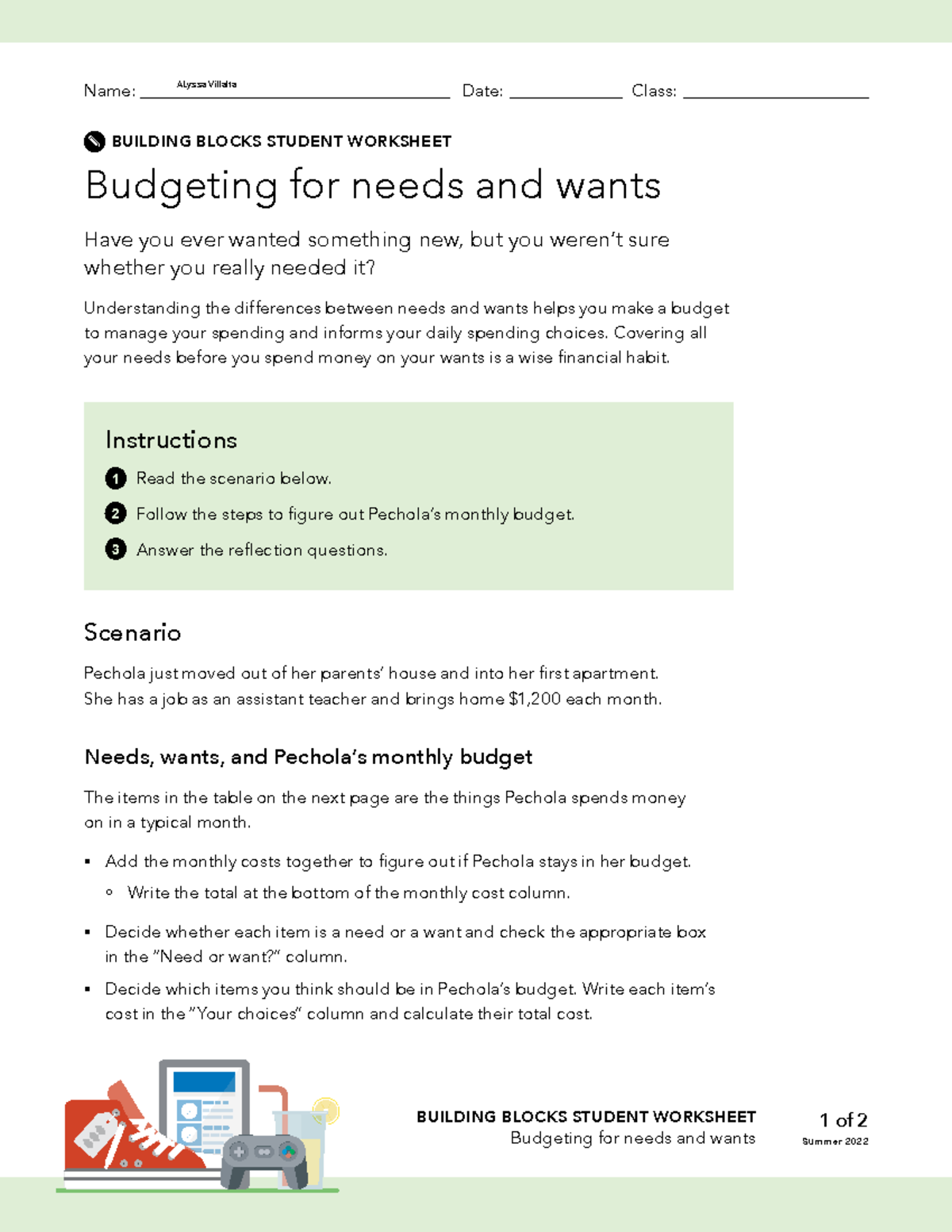 BUILDING BLOCKS STUDENT WORKSHEET: Budgeting Needs vs. Wants - Studocu